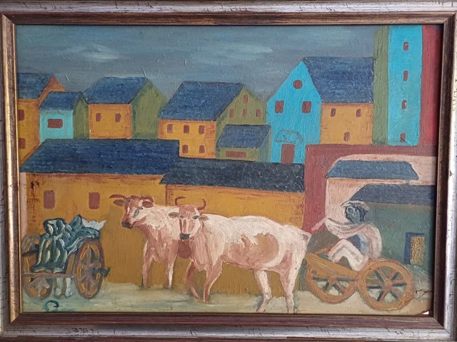 QUADRO OLIO SU Tavola Naif 81x62 Carretto con Buoi EUR 49,99 - PicClick IT