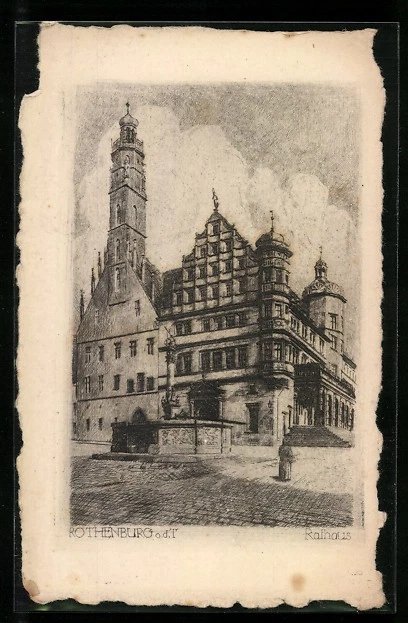 CARTOLINA D'ARTISTA ROTHENBURG o.T., municipio con fontana EUR 5,00 ...