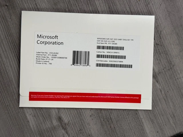 MICROSOFT WINDOWS SERVER 2025 Datacentre 64Bit ENG DSP OEI 32 Core DVD ...
