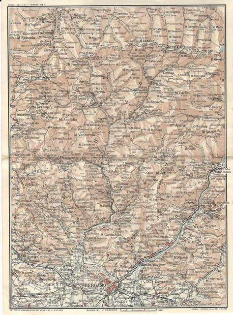 CARTA GEOGRAFICA ANTICA BERGAMO Val Brembana Val Seriana 1914 Old ...