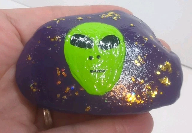 HAND PAINTED ROCK Art~Neon Green And Glitter With Glaze Coating~Gift $6 ...