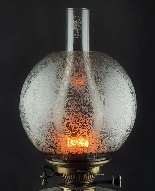 VICTORIAN ROCOCO ETCHED Glass Kerosene Paraffin Duplex Oil Lamp Ball ...