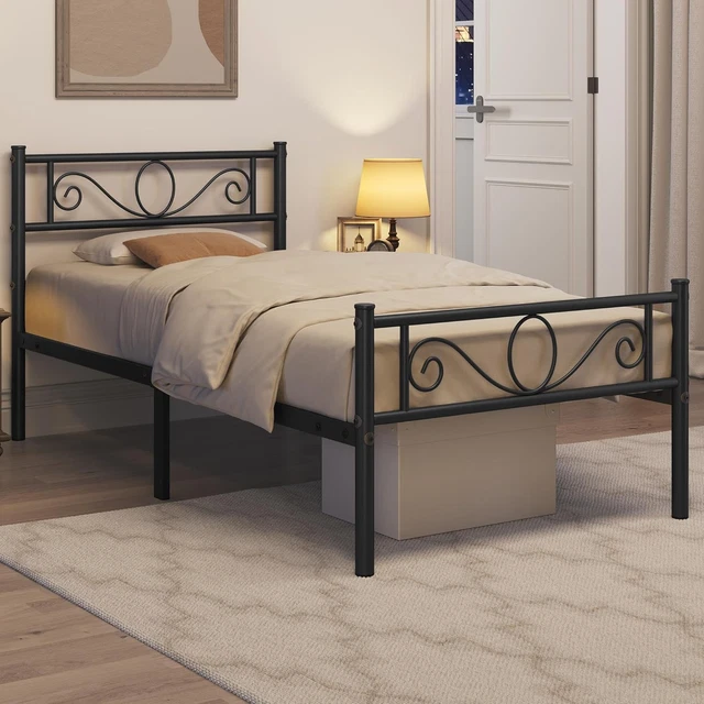 BLACK 3FT SINGLE Metal Bed Frame Slat Support with Headboard Storage £ ...