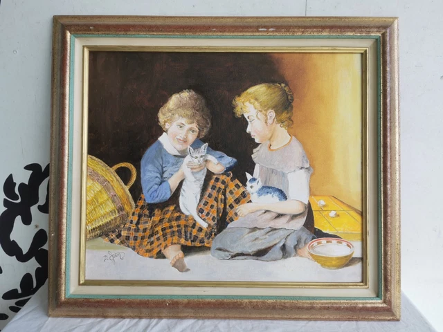 D GODON TABLEAU HUILE sur TOILE XXe Signe PORTRAITS Fillettes et ...