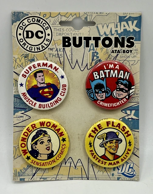 4 BADGES (BUTTONS) : Superman, Batman, Flash, Wonder-Woman - DC Comics ...
