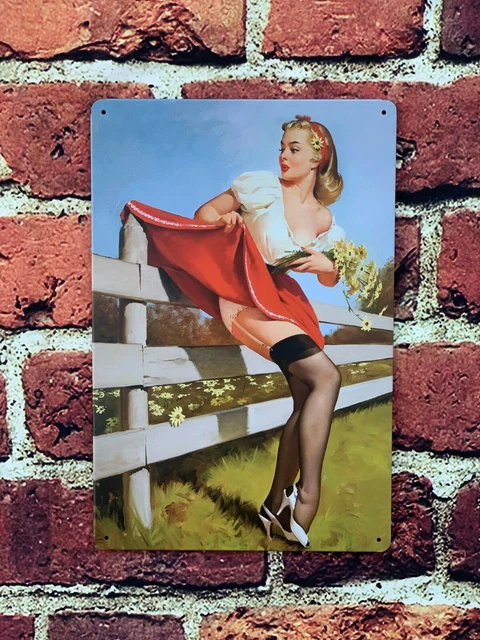 Retro 1950s Sexy Risqué Postcard Pin Up Girl Metal Tin Sign Large 12 X