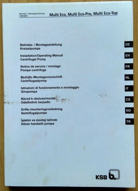 KSB BETRIEBS- MONTAGEANLEITUNG Kreiselpumpe Multi Eco, Multi Eco-Pro, - Eco-Top EUR 15,00 ...