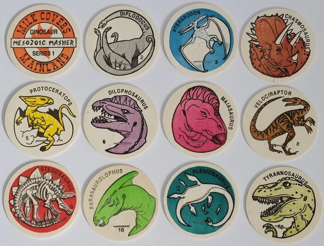 RARE VINTAGE POGS * Set Of 12 * Milk Cover Mainland * Dinosaur Series 1 ...