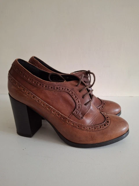 FAITH TAN LEATHER Lace Up Block Heel Brogue Shoes Smart Retro Office ...