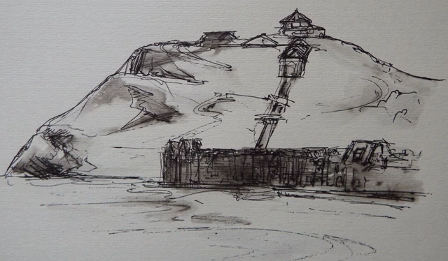 ORIGINAL PEN & ink wash drawing of Constitution hill Aberystwyth bay ...