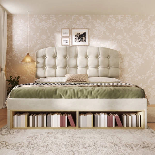 4FT6 DOUBLE VELVET Upholstered Bed Frame w/ Adjustable Headboard ...