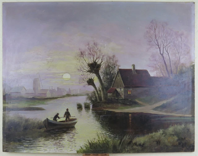 TABLEAU ANCIENNE HUILE Table Paysage Fluvial Rivière Signé Campello ...