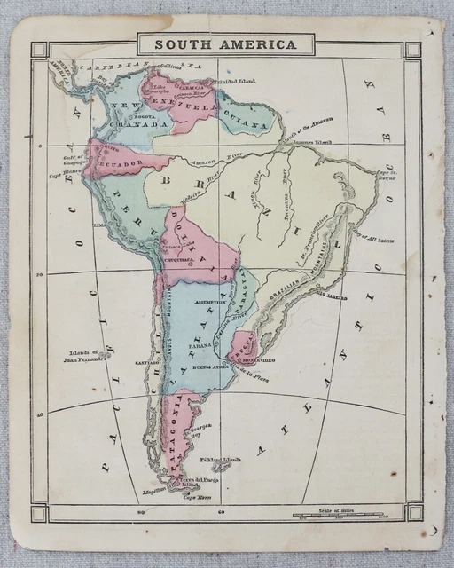 ANTIQUE 19TH CENTURY Color Map of South America 1857 Cornells Primary ...