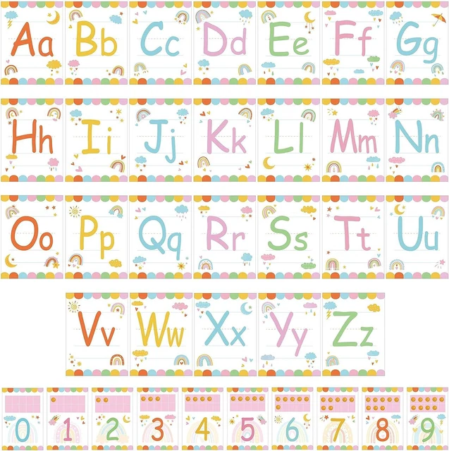 36 PCS BOHO Alphabet Number Bulletin Board Set Rainbow ABC Bright ...