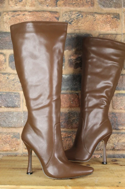 BROWN FAUX LEATHER High Heel Tall Boots Size 5 / 38 Prettylittlething ...