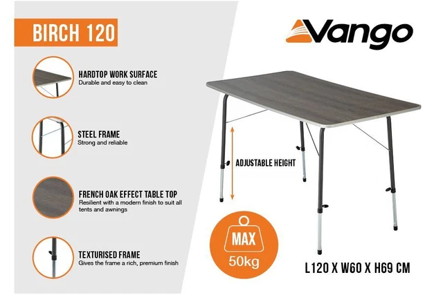 VANGO BIRCH 120 Adjustable Height Table Foldable Camping Caravan Picnic ...