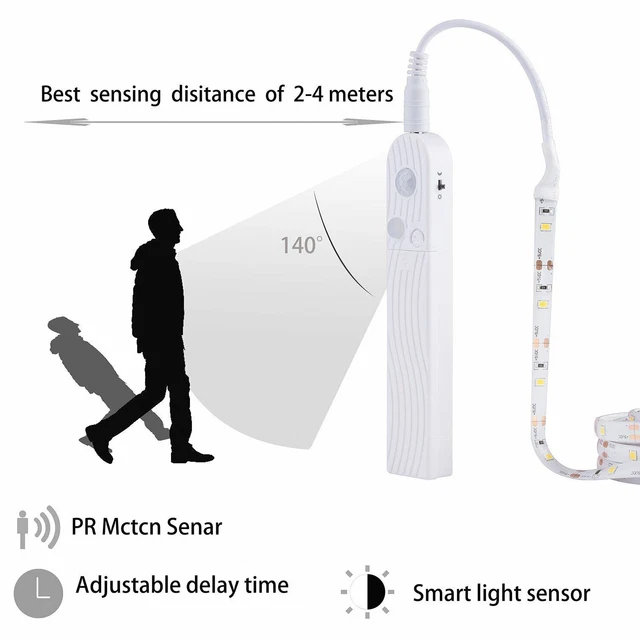 WHITE PIR MOTION Sensor LED Strip Light Battery Powered Stairs Cabinet ...