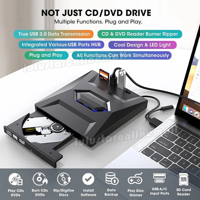 EXTERNAL CD DVD Drive Writer Burner Player for PC Laptop Windows USB 3. ...