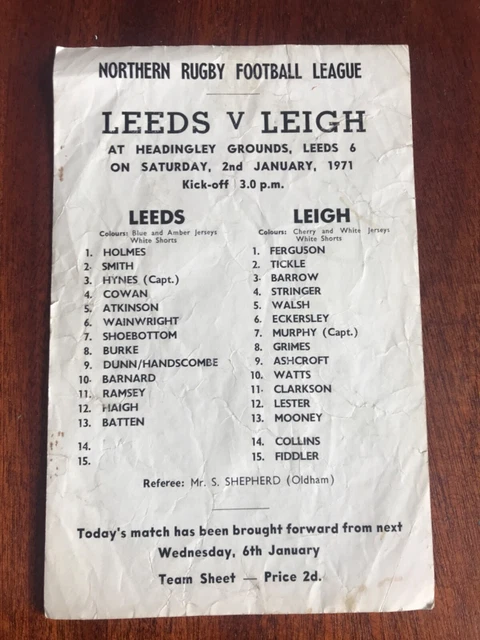 LEEDS V LEIGH rugby league team sheet 1970/71 season £0.62 - PicClick UK