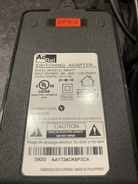 ACBEL AC SWITCHING Adapter Power Supply Model ADA017 Output 12V 3 Amp ...