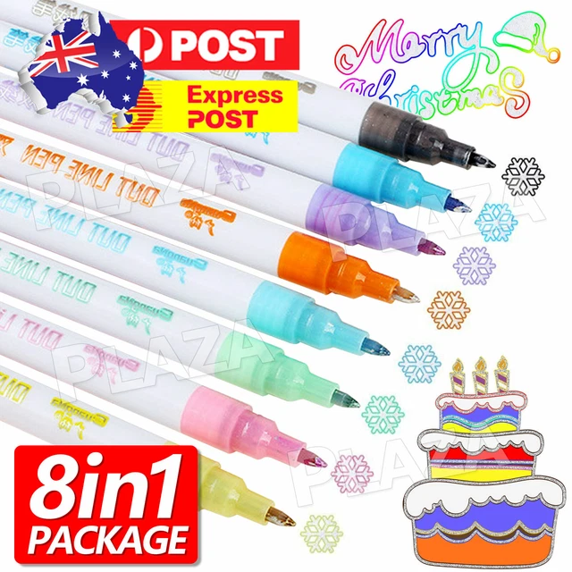 8 COLOURS CARD Writing Drawing Double Line Outline Pen Highlighter ...