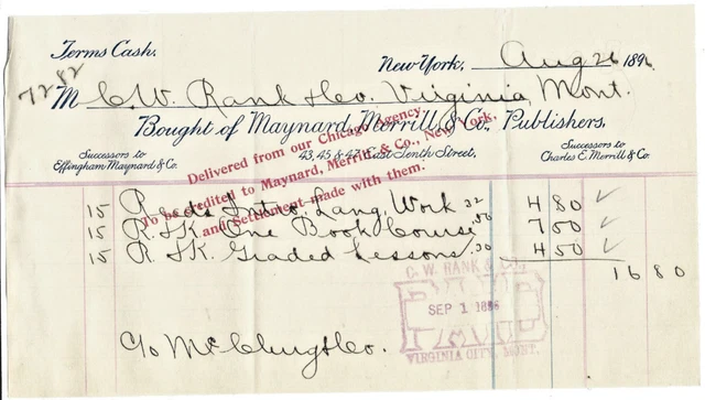 1896 LETTERHEAD, MAYNARD Merrill & Company Publishers, New York City NY ...