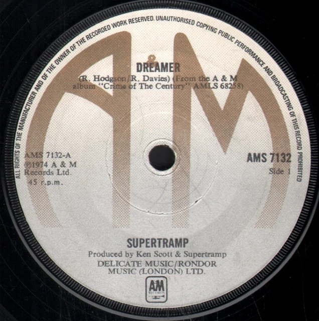 SUPERTRAMP DREAMER 7& vinyl UK A&m 1974 solid centre label AMS7132 EUR ...