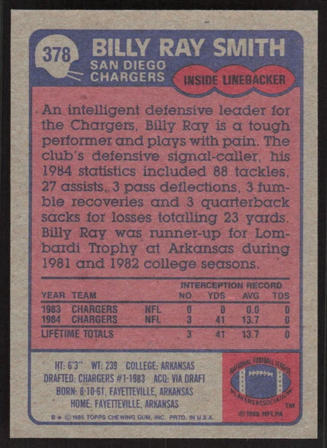 CARTE DE FOOTBALL Billy Ray Smith #378 1985 Topps San Diego Chargers ...