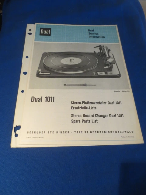 DUAL 1011 TURNTABLE Parts & Exploded Views Manual Factory Orig English ...