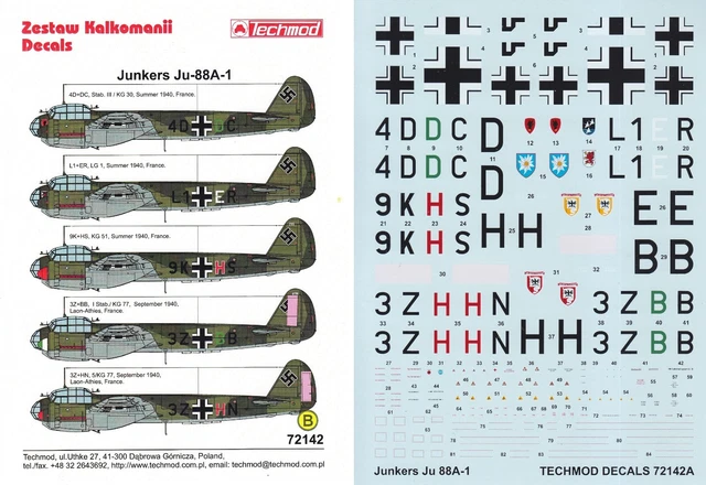 TECHMOD DECALCOMANIE 1/72 JUNKERS JU 88A-1 ASTA III./KG 30 KG 51 KG 77 LG 1 (Luftwaffe) EUR 11 ...