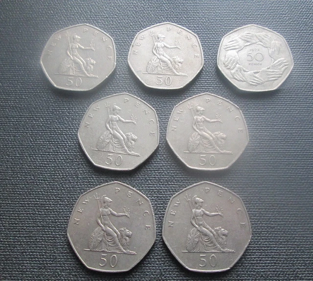 JOB LOT OF 7 x 50p Fifty Pence Old Large Coin 1969-81 inc 1970 £12.99 ...