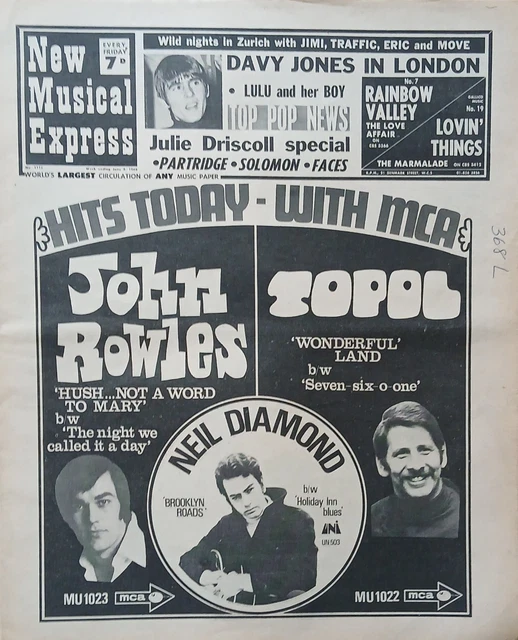 NEW MUSICAL EXPRESS June 8th 1968, Davy Jones, Lulu, Julie Driscoll ...