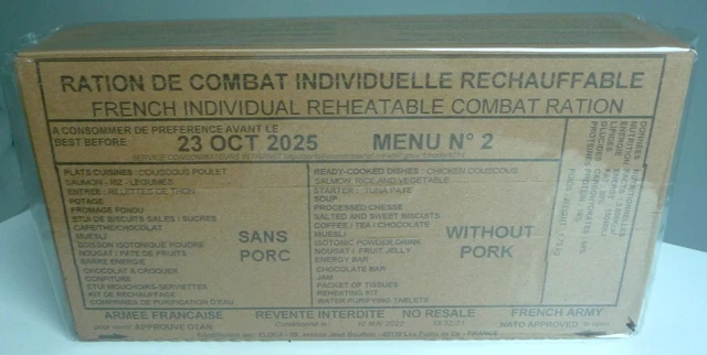 RATION DE COMBAT militaire RCIR Menu No 2 sans porc - repas pour 24 ...