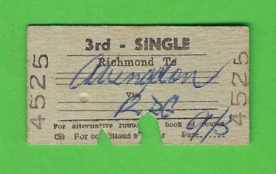 BRITISH RAILWAYS TICKET ~ BR(S) 3rd "Blank" Single - Richmond to ...