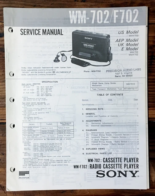 SONY WM-702 WM-F702 manuale di servizio cassette *originale* EUR 33,44 ...