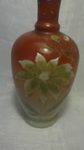 ANTIQUE SMALL GLASS Vase with Hand Painted Flowers Raised Gold Outline ...
