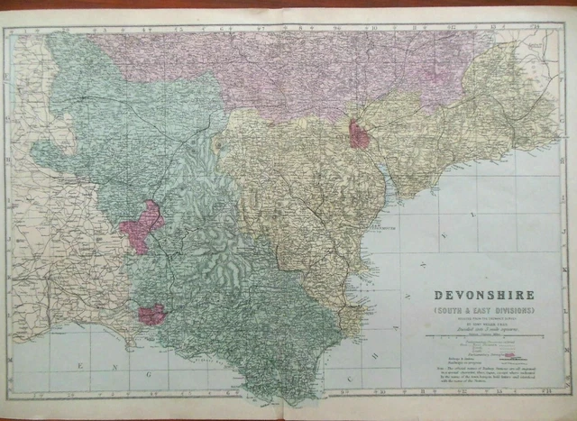VICTORIAN COUNTY MAP of DEVONSHIRE South & East (c1896) Ordnance Survey ...