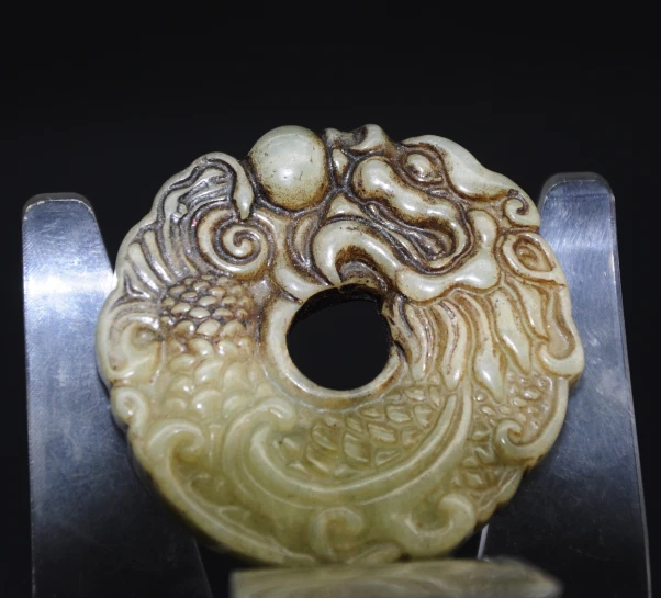 NICE CHINESE NEPHRITE Jade old 2Faces hand engraving dragon pendant ...