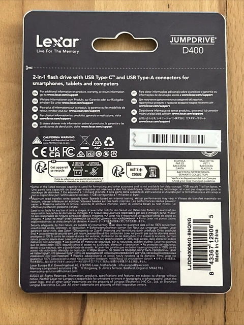 CLÉ USB LEXAR® 64Go D400 Jumpdrive noire Ultras-Rapide, USB-C haute ...