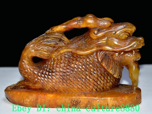 NATURAL TIANHUANG SHOUSHAN Stone Carve Dragonfish Seal poissons dragons ...
