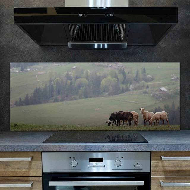 GLASS KITCHEN SPLASHBACK Tile Stove Panel Sheep in the Village 125x50 £ ...