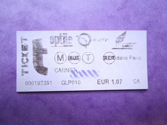 TICKET RATP SNCF Métro - bus - rer - T - section Urbaine - PARIS - TBE ...