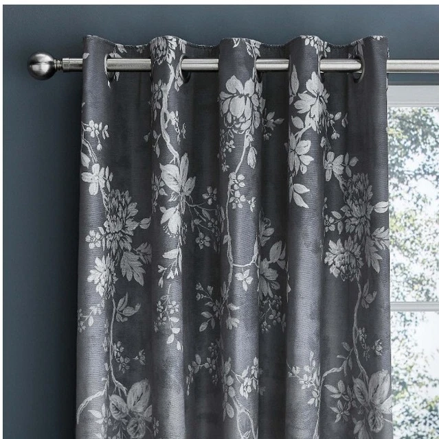 DUNELM FLORAL OMBRE Luxury Chenille Cascade Curtains Grey/White 117 X ...