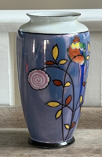 VTG JAPANESE BLUE LUSTERWARE 7.25” High VASE Tropical Bird Floral Pink ...