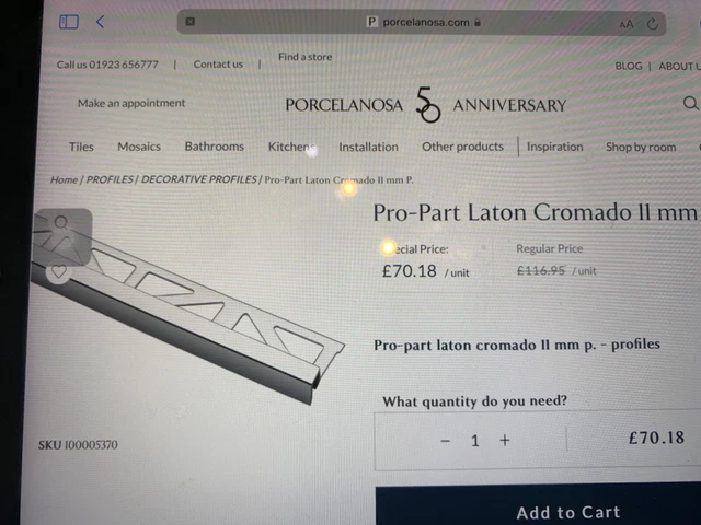 2 X LENGTHS of Porcelanosa Pro Part Polished Aluminium 11mm Tile Trim ...