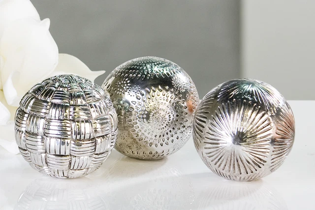 59993 GILDE DEKO Kugeln Carve aus Poly Antik Silber Ø 10cm 3fach ...