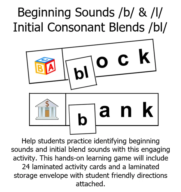 BEGINNING SOUNDS B, l & Blends bl Literacy Phonics Center Resource ...
