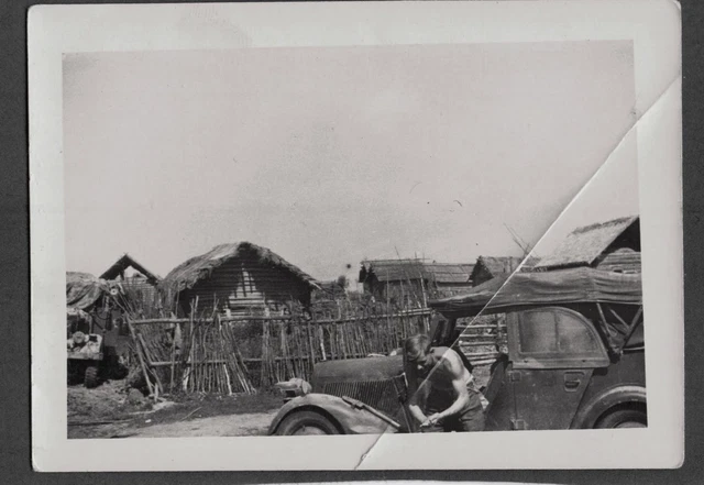 VINTAGE WW11 WW2 German Soldier Cleaning Up Camo Vehicle By Hut Old Car ...