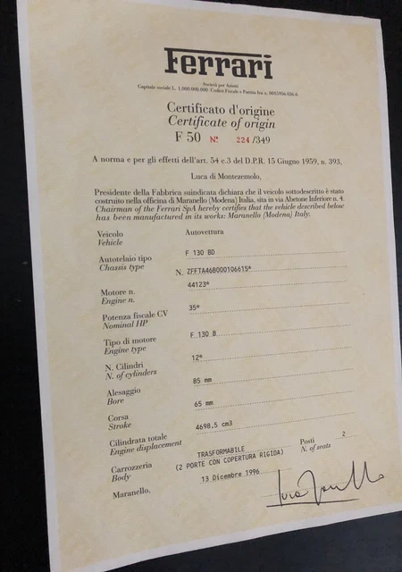 CERTIFICAT FERRARI F50 Official authentique Not Brochure Book Dealer ...