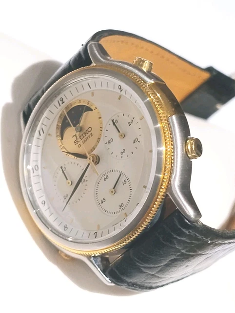 SEIKO MENS WATCH 7A48-7040 Golden Moonphase Coin Edge Dial New Old ...